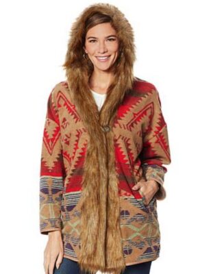 Colleen Lopez Hooded Southwest Print Coat Faux Fur Trim Red Multi M New ...