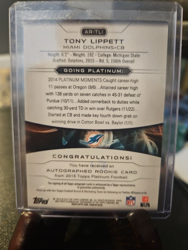 2015 Topps Platinum Autographed Rookies #AR-TLI Tony Lippett (AU, RC ...