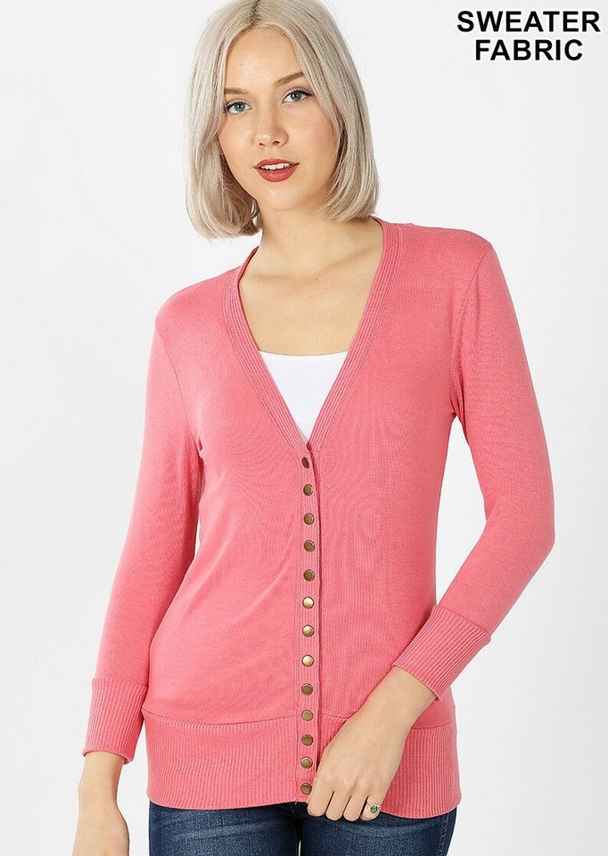 Women's 3/4 Sleeve Snap Button Front Ribbed Detail V Neck Sweater ...