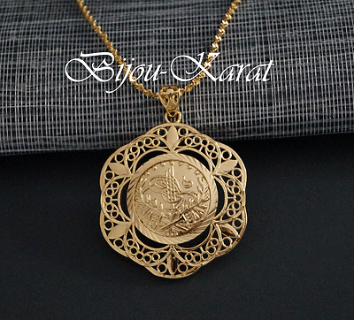 Turkish Resat Altin Ceyrek Tugra Gold Coin incl Long Chain 24 Carat GP ...