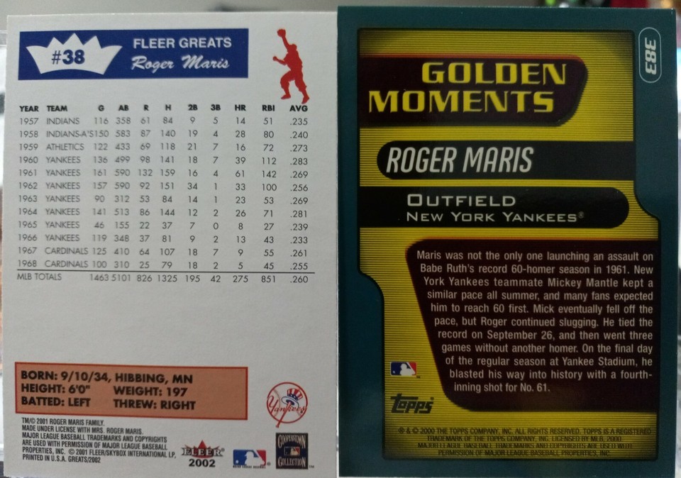 2000 Topps #383 Roger Maris Golden Moments And Fleer Greats Baseball ...