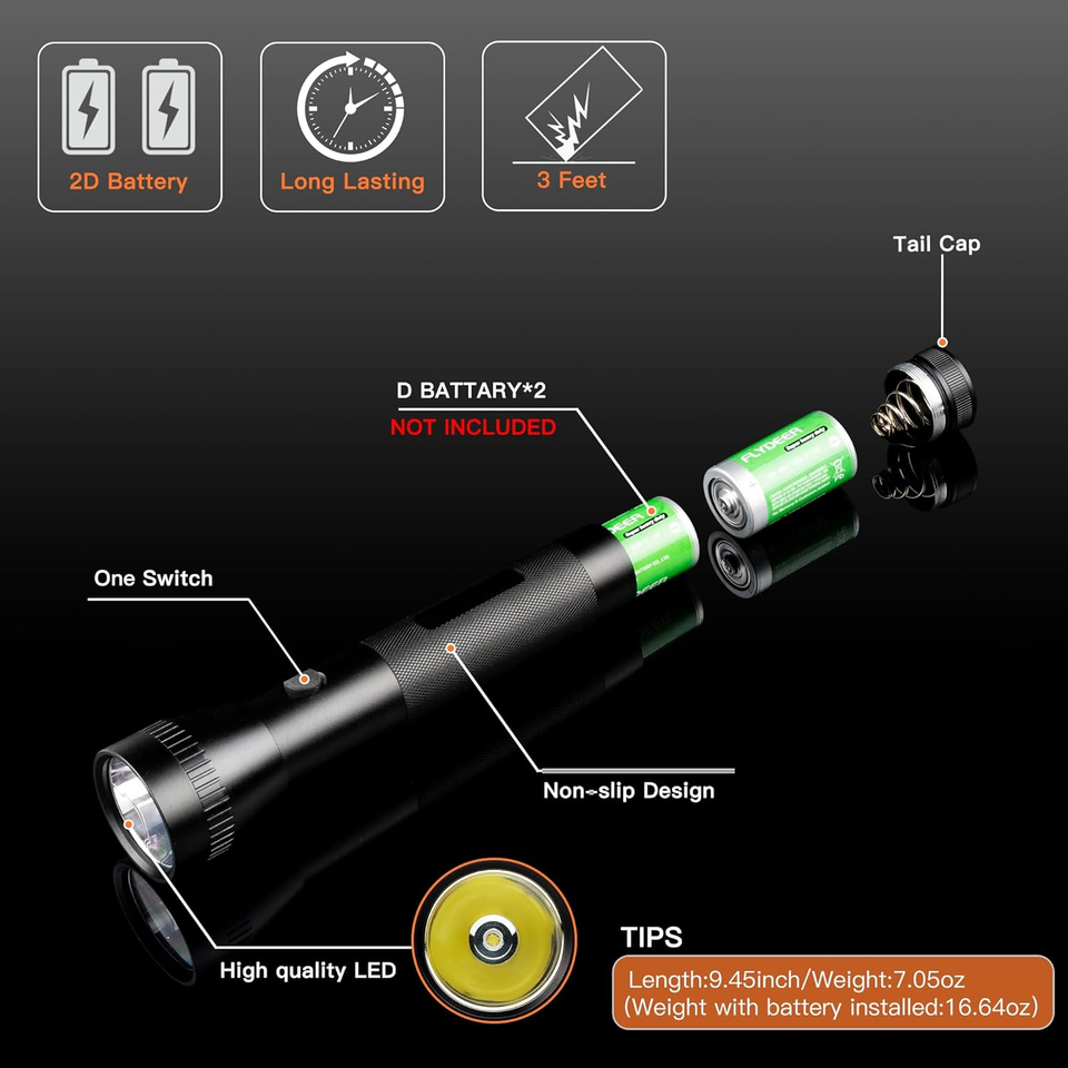2D Cell Battery Big Flashlights Single Mode High Lumens Aluminum Heavy ...