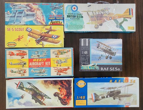 Lot: 7 WWI British SE5a 1/48 scale kits: Aurora, Merit, Blue Max ...