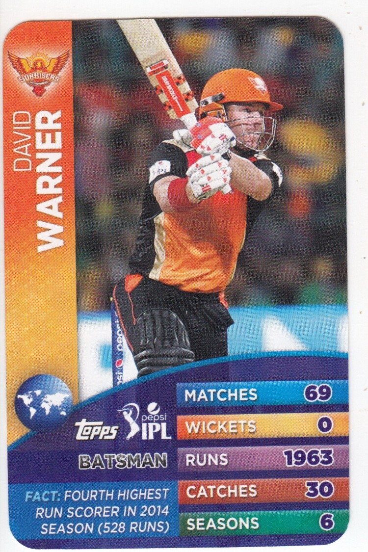 DAVID WARNER Sunrisers Hyderabad 2015 TOPPS IPL Trump Cricket Card | eBay