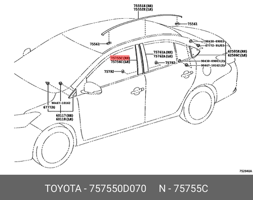 moulding, front door window frame, rear right, 757550D070 for TOYOTA ...
