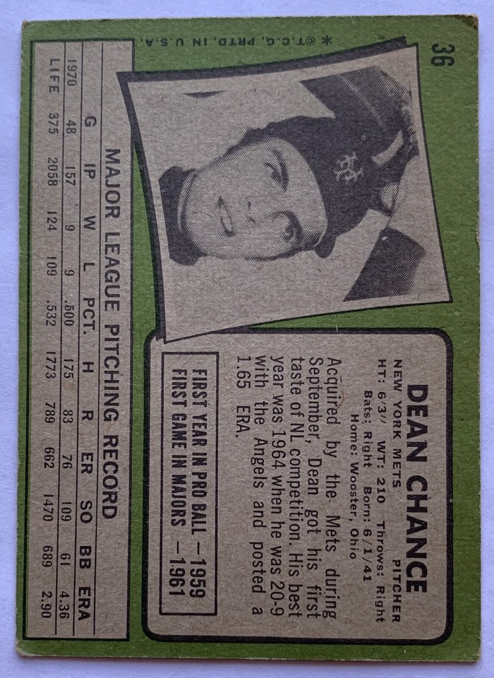 1971 TOPPS BASEBALL DEAN CHANCE NEW YORK METS #36 VG | eBay