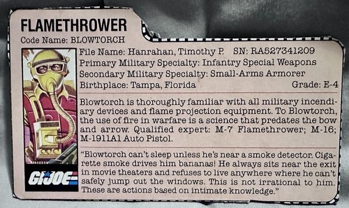 GI Joe Blowtorch Flame Thrower 1984 File Card Hasbro | eBay