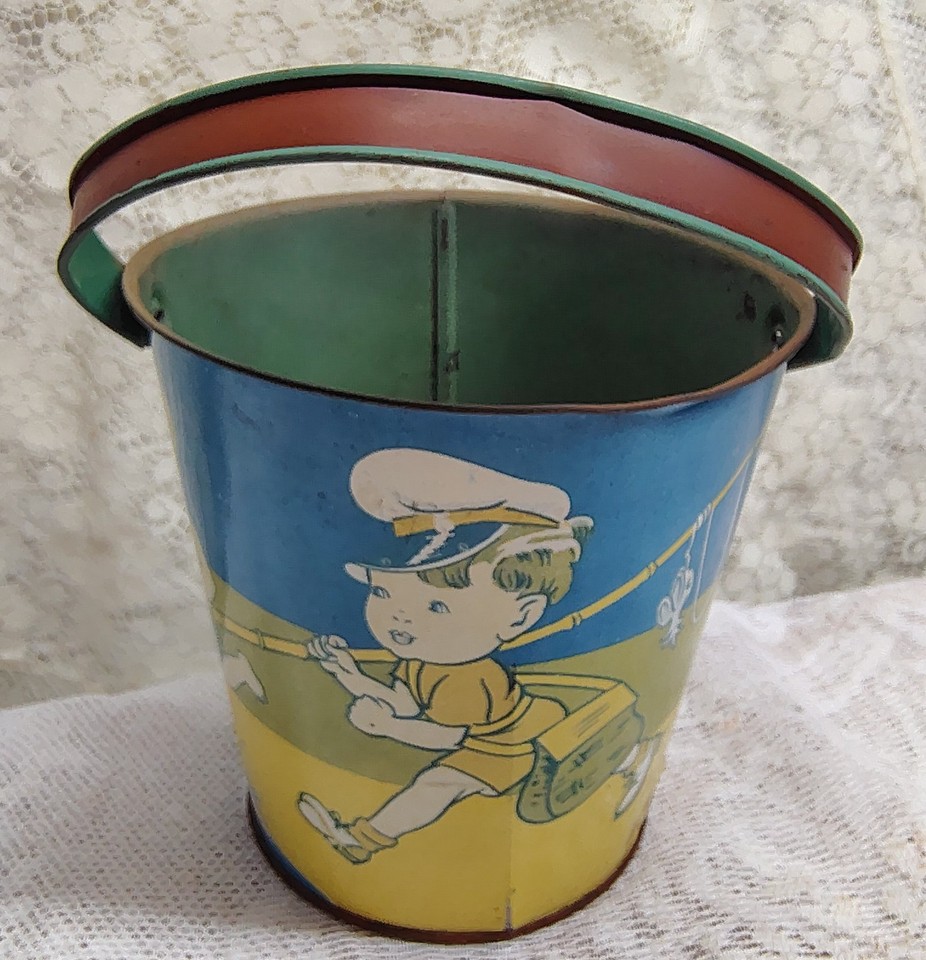 Antique Lithographed Tin Sand Bucket Children's Toy Children Fishing On ...