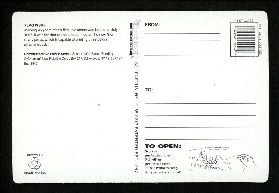 Novelty stamp PUZZLE postcard Scott #1094 US Flag Issue July 4 1957 ...