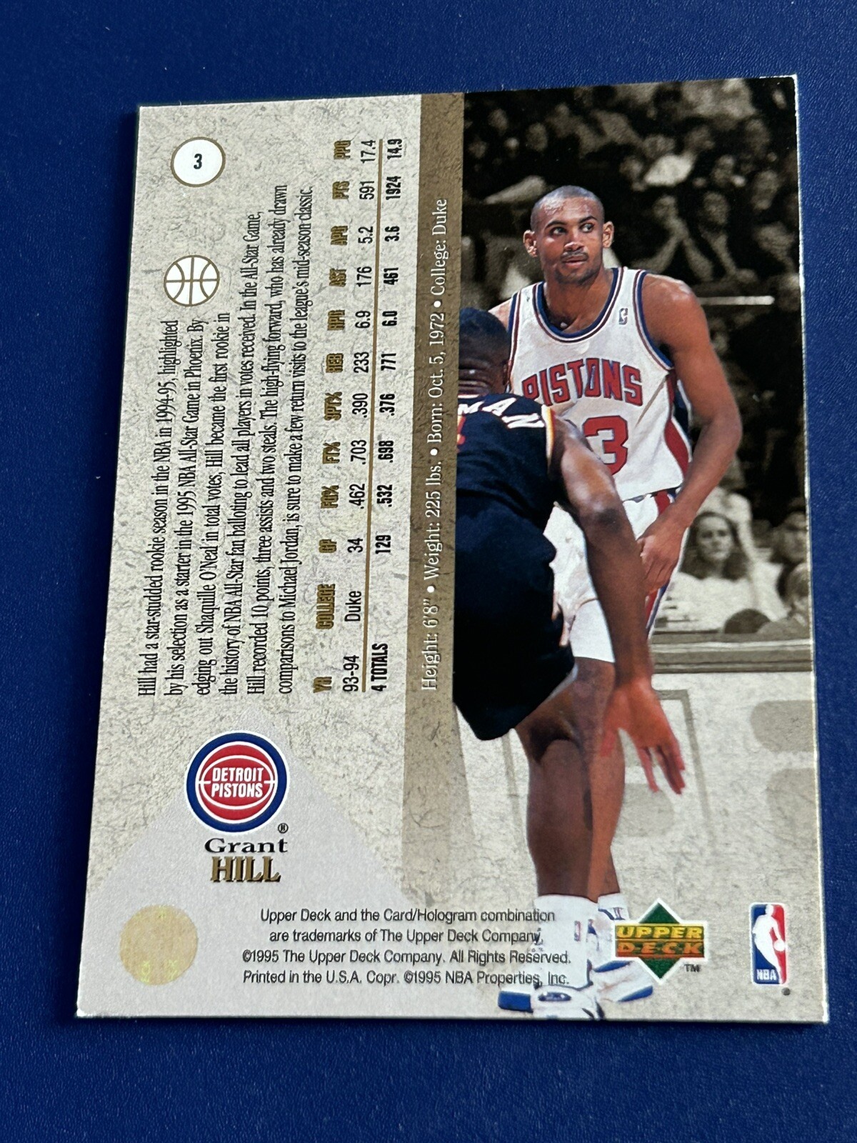 1994-95 Upper Deck Grant Hill Premier Basketball Rookie Card #3 Detroit ...