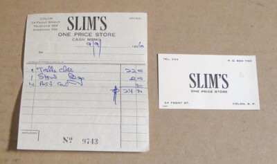 1956 Slim's One Price Store Receipt & Business Card, Colon Republic of ...