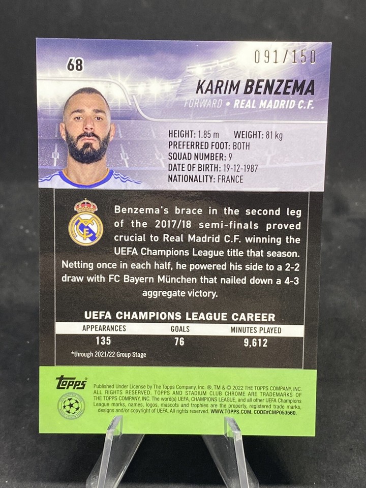 Karim Benzema 2021-22 Topps Stadium Club Chrome Green SP /150 Card #68 ...
