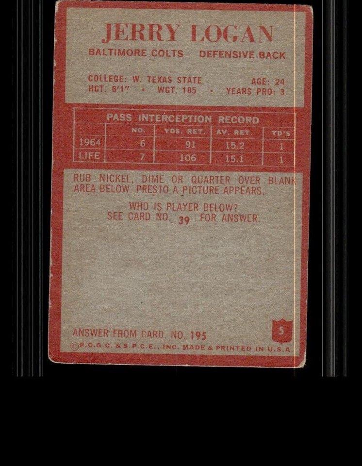 JERRY LOGAN CARD #5 BFU2R4S7P038 fREE SHIPPING | eBay