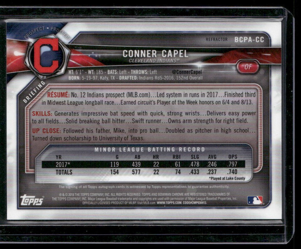 2018 Bowman Chrome Conner Capel BCPA-CC Prospects Autographs Refractor ...