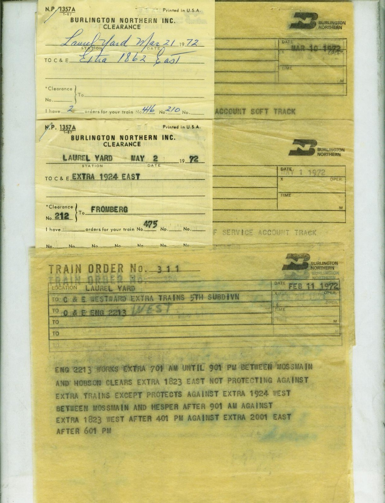 BURLINGTON NORTHERN RAILROAD TRAIN ORDERS (18) LAUREL YARD, MONTANA ...