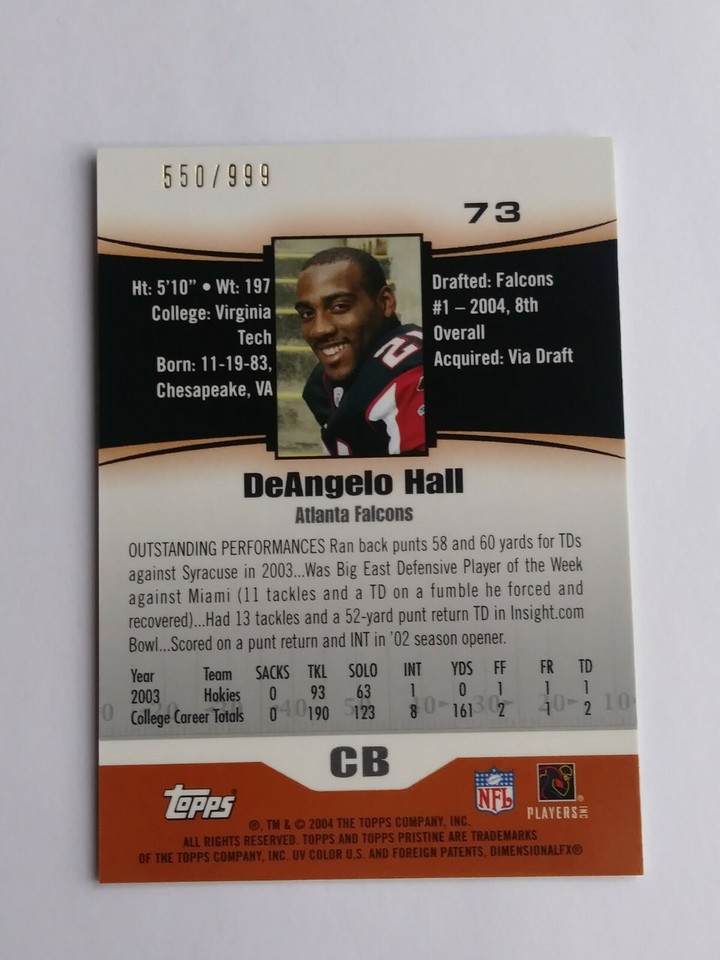 2004 Topps Pristine ** ROOKIE ** #73 DeAngelo Hall RC #D / 999 | eBay