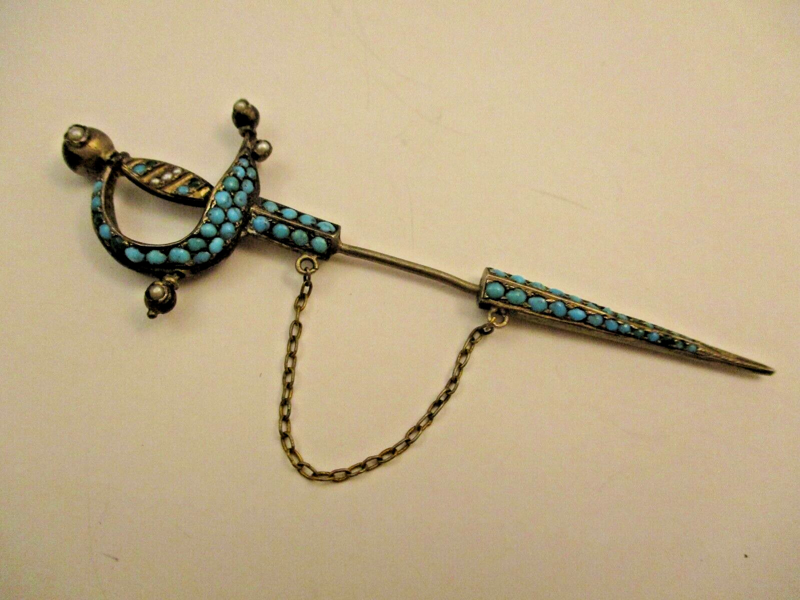 Antique Sterling Turquoise Pearl Pave Inlay Sword Bro… - Gem