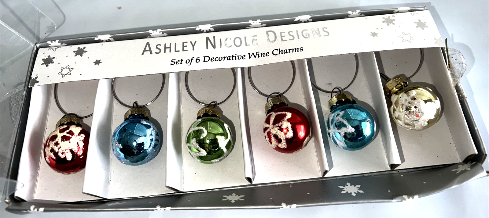 Ashley Nicole Designs Wine Charms Set Of 6 Christmas NEW BOX DISTRESS ...