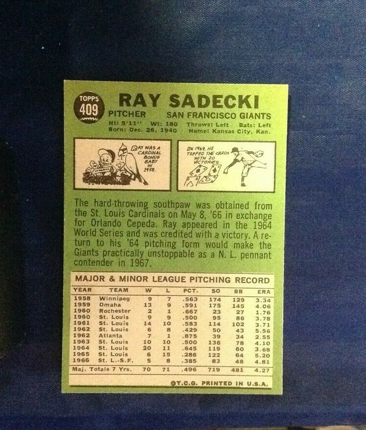 1967 #409 Topps Ray Sadecki Giants EX-MT Baseball Estate Find Free ...