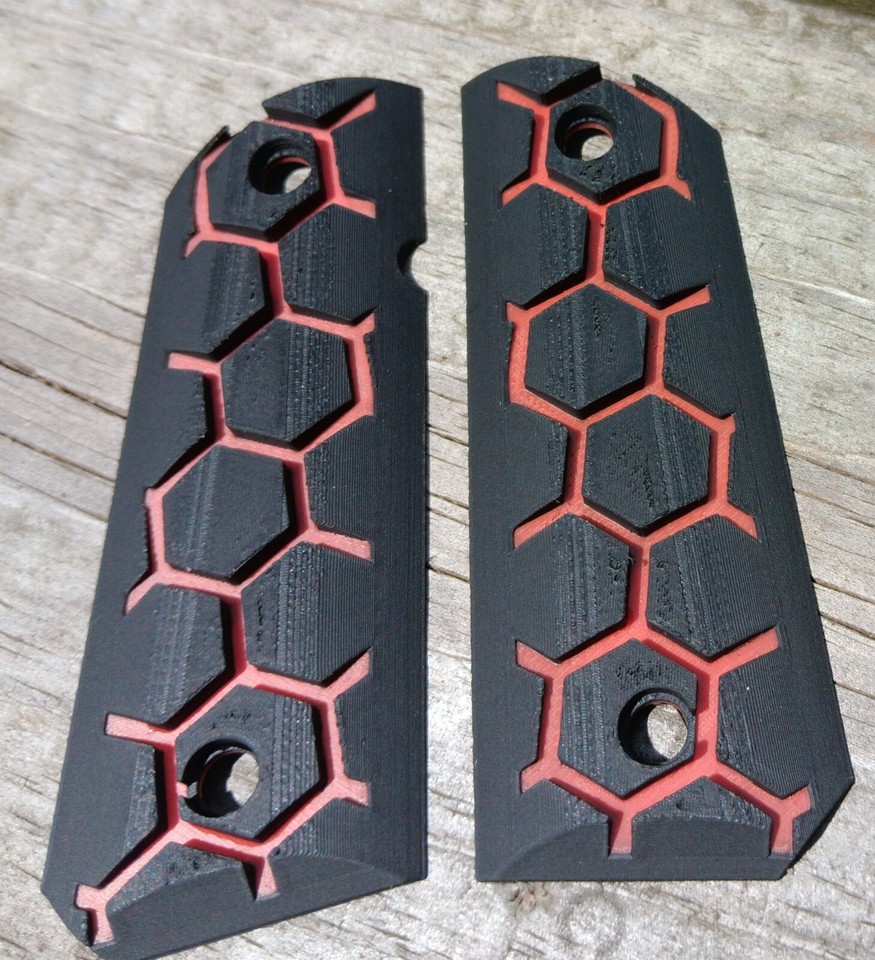 1911 Compact Grips - Hex Honeycomb Black & Red Textured Grips Colt ...