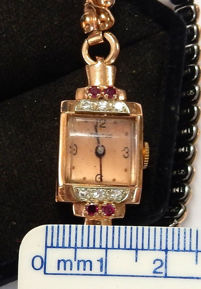 Rare Benrus 14K Pink Gold Woman's 17J Wristwatch Set With Diamonds And ...
