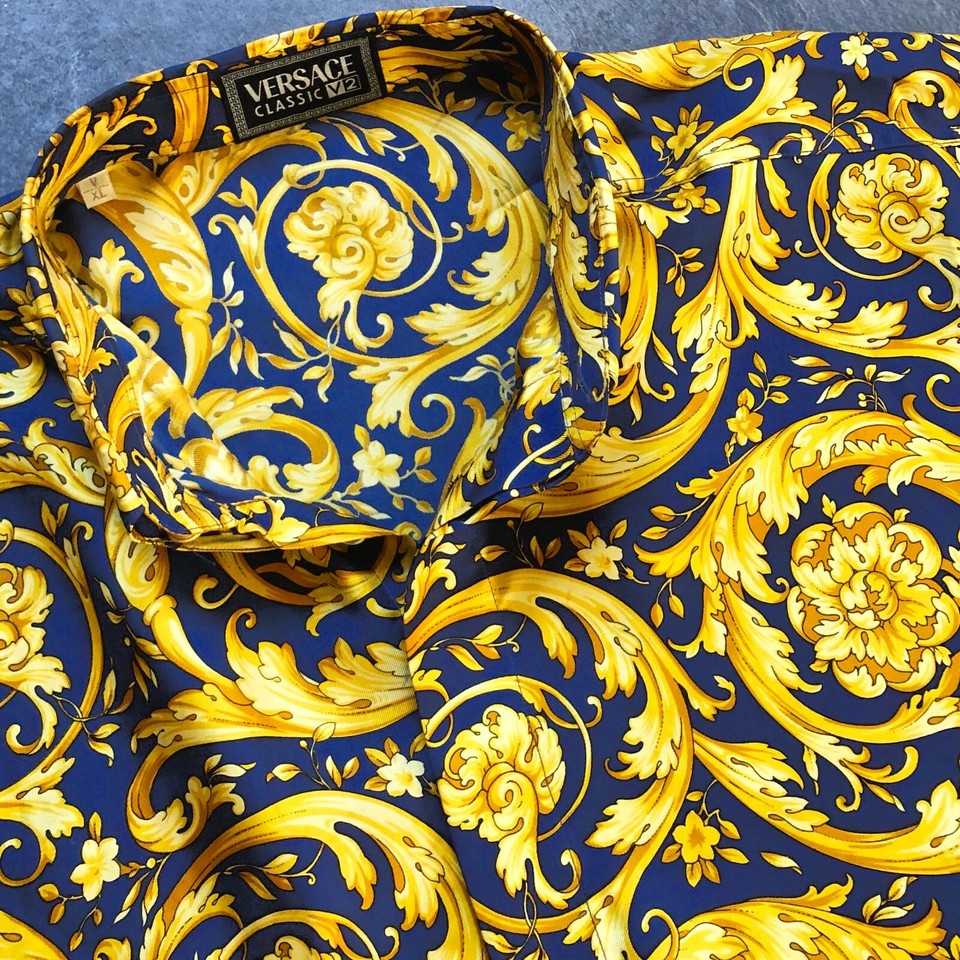 VERSACE CLASSIC V2 silk shirt Baroque print size IT XL blue & gold | eBay