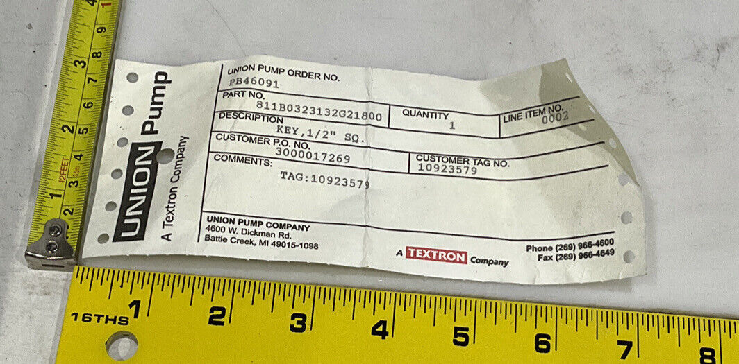 UNION PUMP CO 811B0323132G21800 MONEL IMPELLER KEY 678 | eBay