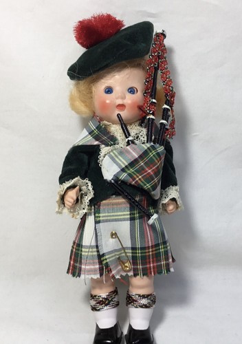 Doll, Scottish Highlander, Vintage, plastic, with bagpipes, kilt, tam-o ...