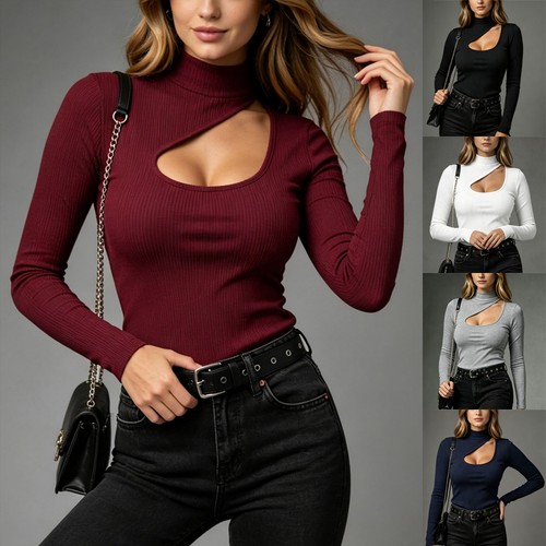 Women Jumper Tops Ribbed Sexy High Neck Cut Out Slim Fit T Shirts ...