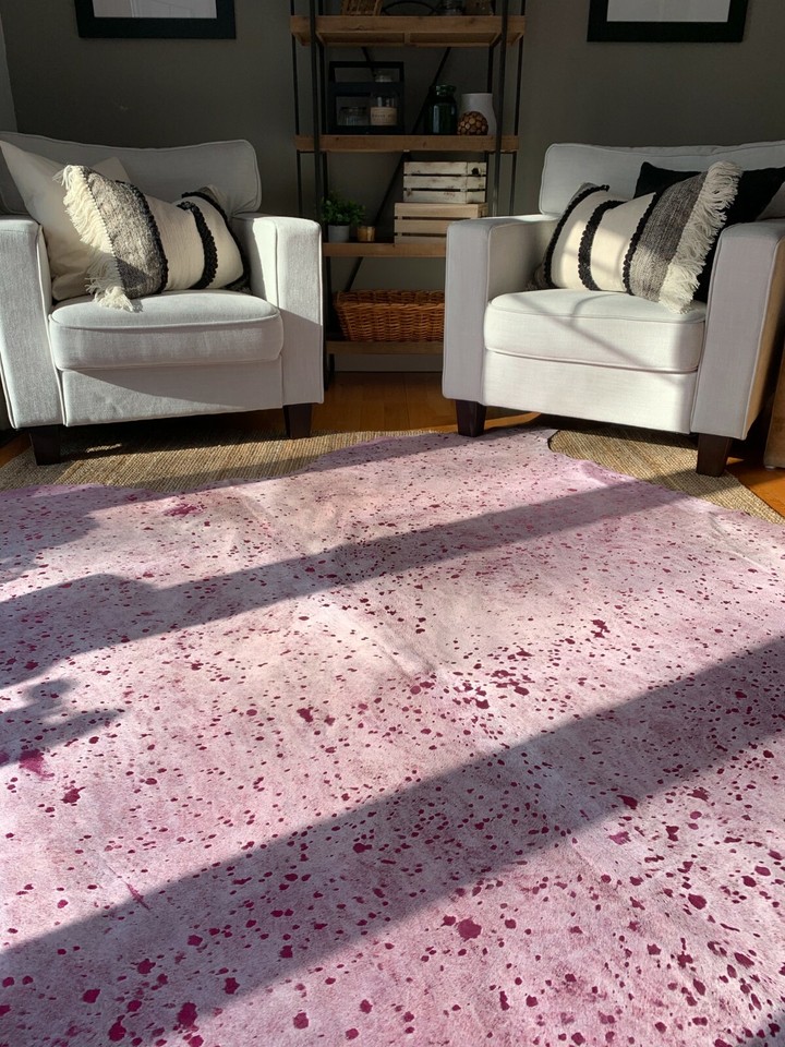 Pink Cowhide Rug Size: ± 7' X 7' Pink Metallic on Off-White Cow Hide ...