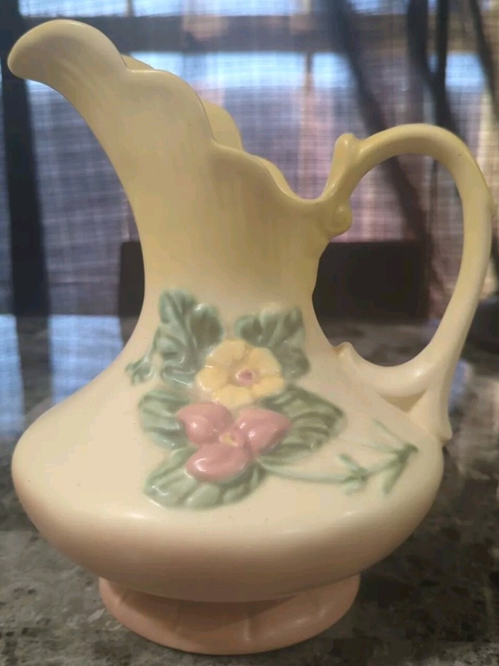 HULL- 9" WILDFLOWER PITCHER VASE W/ HANDLE- PINK FLORAL- VTG. 1940'S ...