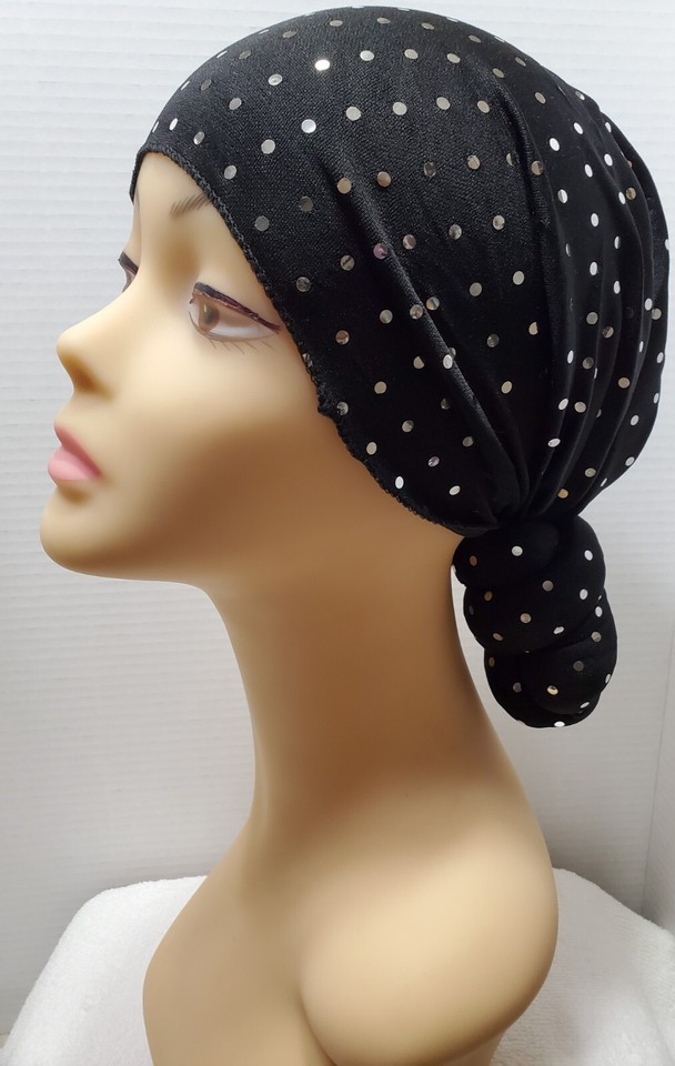 fashion Knotted Head Stretch Wrap Turban SKULL SLEEP CAP black silver ...
