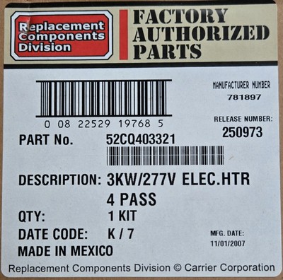 Carrier Replacement Components Division: 52CQ403321 Heater Replacement ...