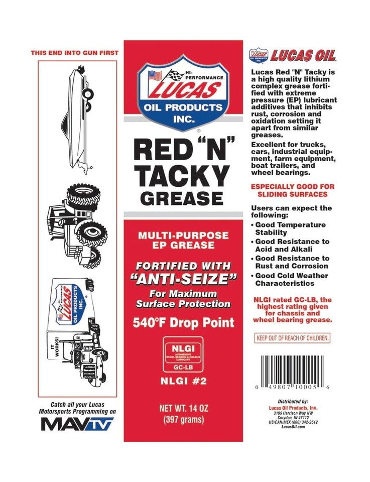 Lucas Oil 10005 Red 'N' Tacky Grease - 14 Ounce 49807100056| eBay