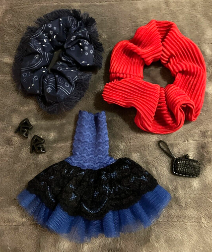 Barbie Doll Outfi - Blue Stretch Dress W/Blue & Red Shrugs W/Black ...