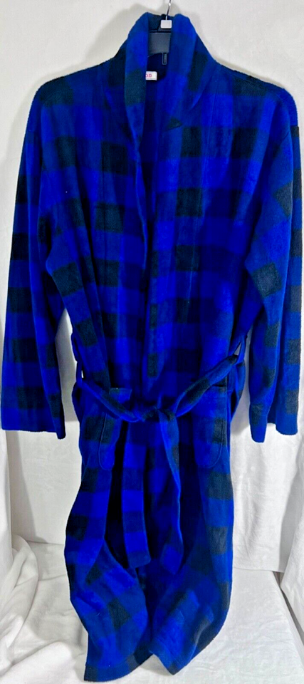 Izod Mens Blue Black Checkered Robe Fleece With Belt Pockets One Size ...