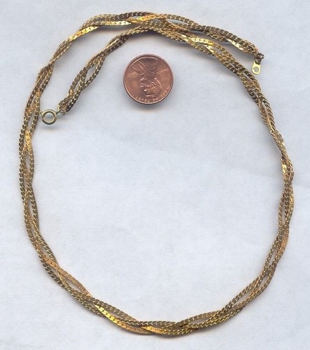 1 VINTAGE BRASS BRAIDED 3 STRAND FLAT HERRINGBONE CHAIN 18" NECKLACE ...