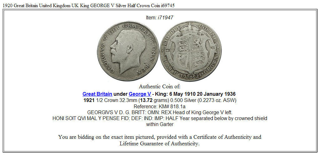 1920 Great Britain United Kingdom UK King GEORGE V Silver Half Crown ...