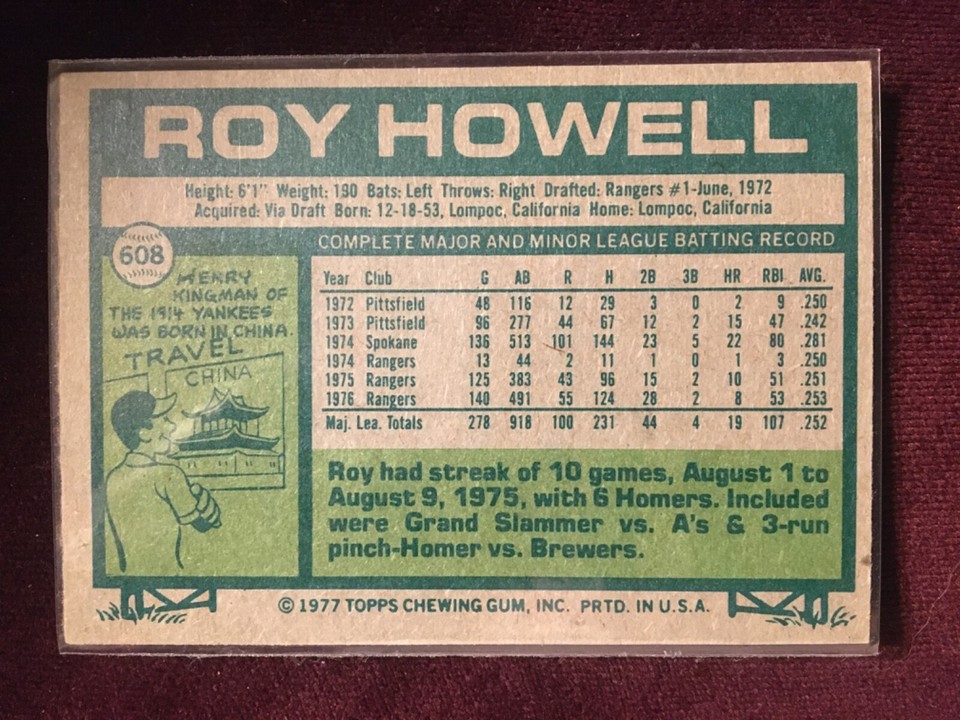 1977 Topps #608 Rangers Roy Howell Baseball Card | eBay