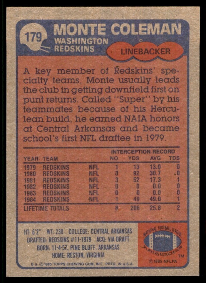 1985 TOPPS MONTE COLEMAN WASHINGTON REDSKINS #179 | eBay