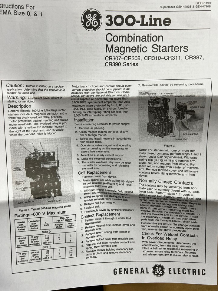 GE General Electric 300 Line Control Magnetic Starter Combination New ...