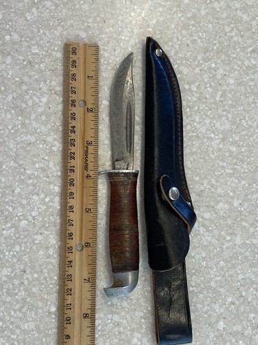 Vintage fixed blade leather stacked handle knife with sheath - Very ...