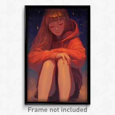Anime Art Poster - Girl Feeling Pity Wearing Simplistic Red Hoodie ...