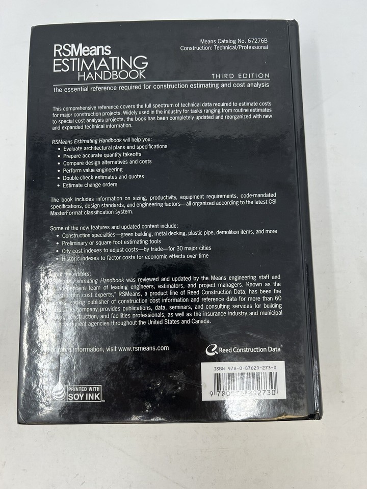 RSMeans Estimating Handbook Hardcover Clean Pages Isbn 978-0-87629-273 ...