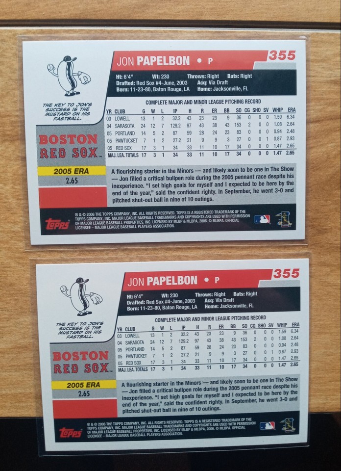 BOSTON RED SOX TWO JON PAPELBON RED SOX 2006 TOPPS ROOKIE CARD #355 NM ...