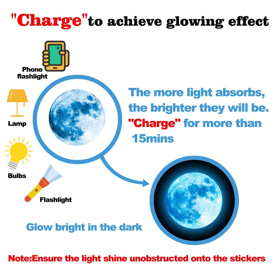 10Pcs Glow in The Dark Moon Wall Decals Large Luminous Space Planet ...