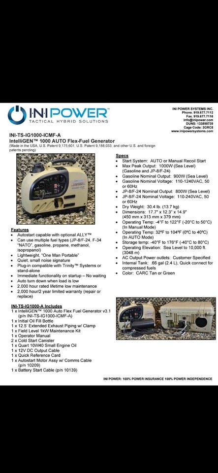 Ini Power IntelliGEN Flex-Fuel Generator IG1000-ICMF 12 Hours w/ Fuel ...