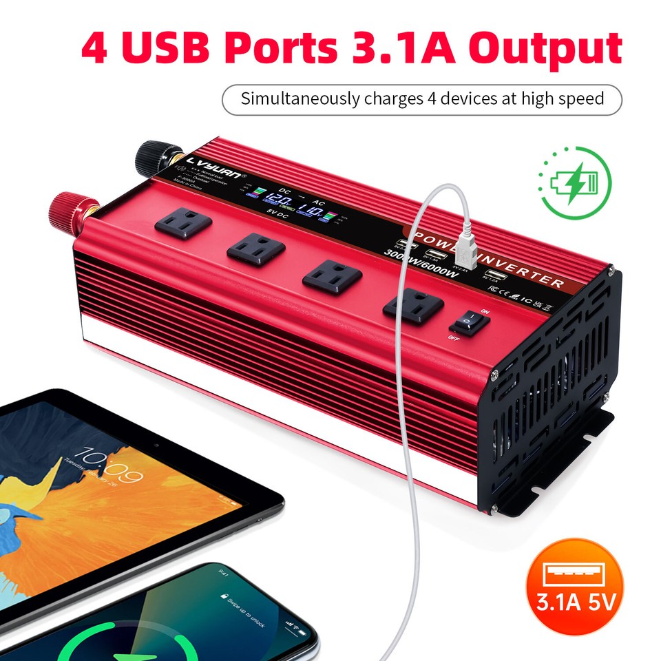 3000W 6000W Power Inverter 12V DC to 110V AC With Remote, LCD, 4USB ...