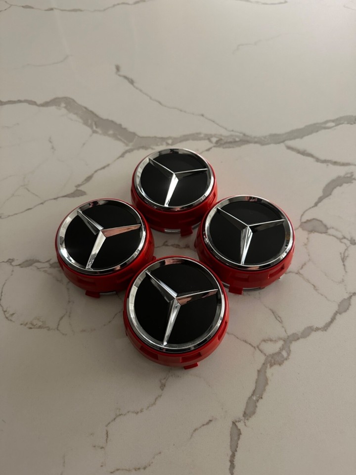 SET OF 4 MERCEDES BENZ RED CENTER CAP 75MM W/ CHROME STAR OEM ...
