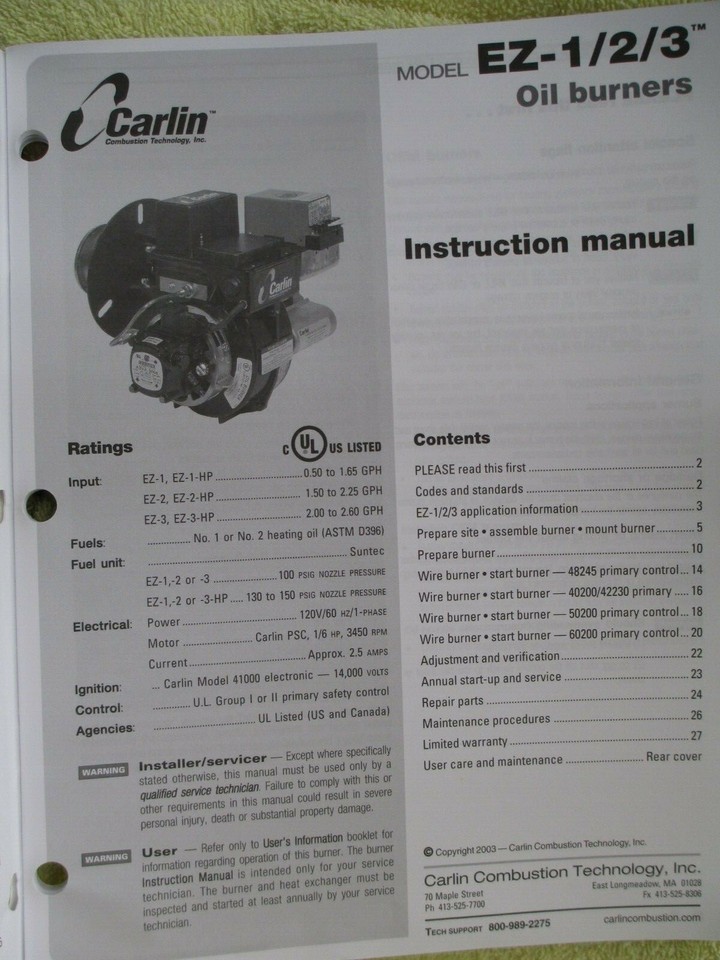 Carlin Residential Oil Burner Guide EZ/EZ-Pro-1,2,3, 99FRD / 100CRD ...
